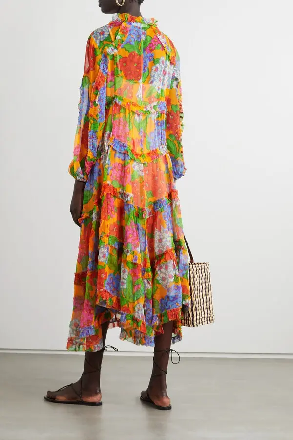 Zimmermann Riders Ruffled Tiered Floral-Print Silk-Crepon Midi Dress In  Orange - 50% Off | Editorialist