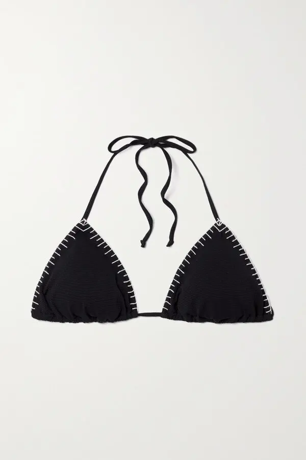 Marysia Sole Embroidered Seersucker Triangle Halterneck Bikini Top - Black