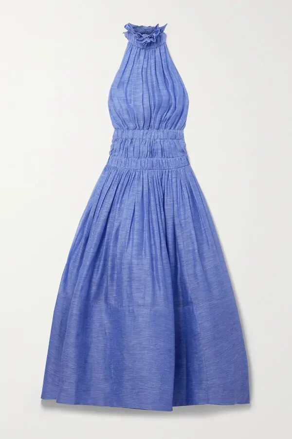 Zimmermann Luminous Gathered Linen And Silk-Blend Halterneck Maxi Dress In  Blue - 50% Off | Editorialist