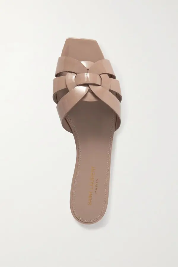 Saint Laurent Tribute Woven Patent-leather Slides - Neutrals