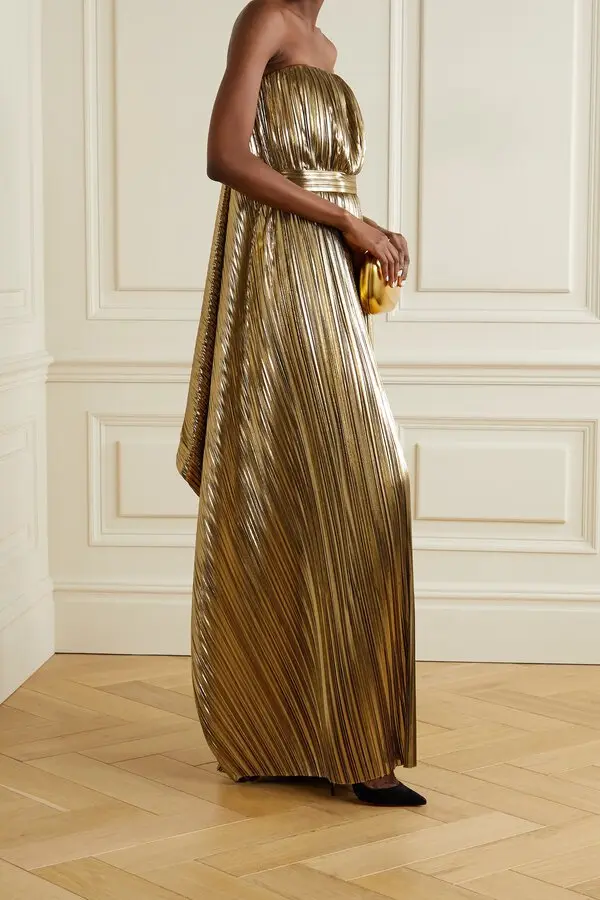 slim fit dress slacks Gold Pleated Metallic Lam Gown