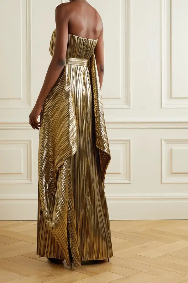 Semsem Belted Draped Pleated Lam Gown - Gold | Editorialist
