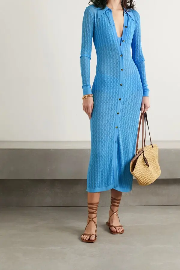 blue pointelle knit midi dress Blue Pointelle Peplum Knit Midi Dress – self-portrait-US main image 0