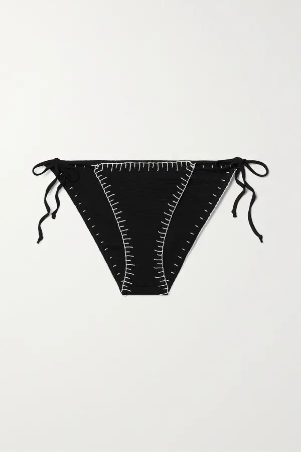 Marysia Sole Embroidered Seersucker Bikini Briefs - Black