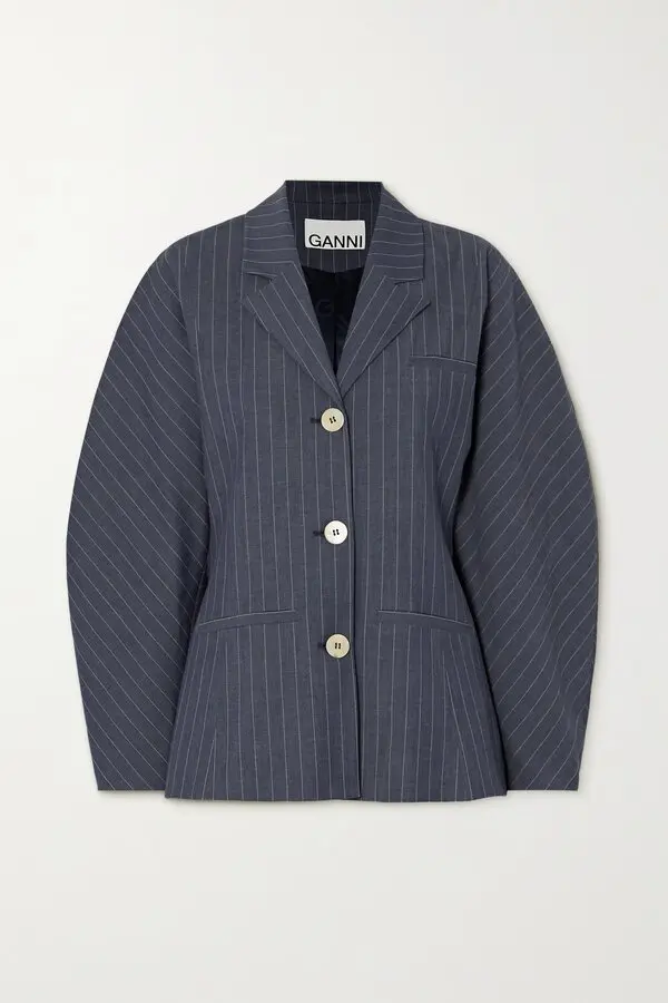 Ganni Pinstriped Twill Blazer In Blue 50% Off Editorialist - Main Image