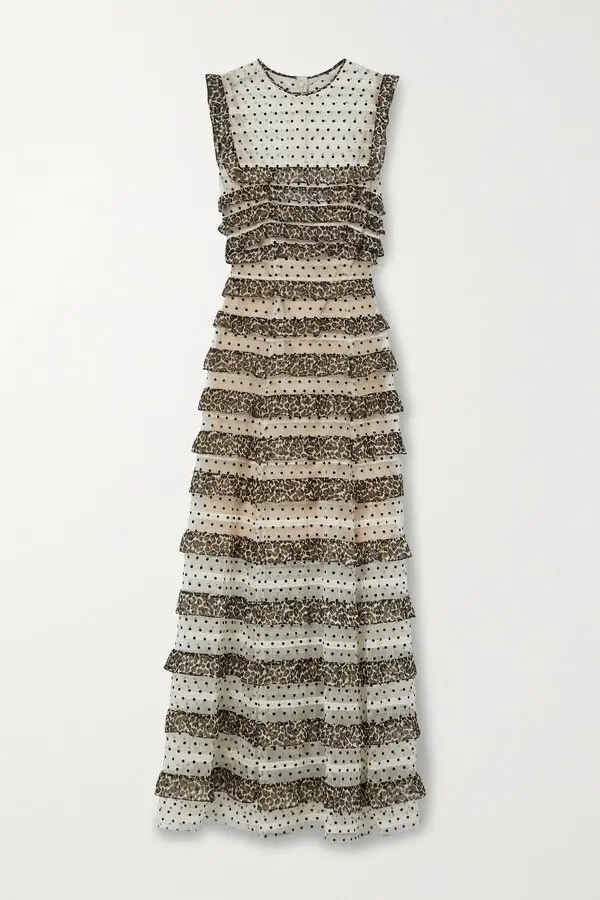 Costarellos Ingrid Leopard-print Chiffon And Polka-dot Flocked Tulle Maxi Dress