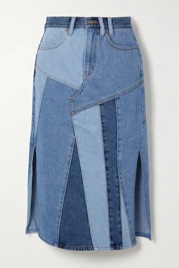 Andersson Bell Patchwork Denim Midi Skirt In Blue - 70% Off