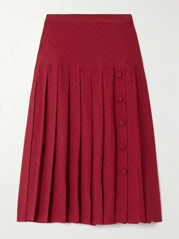 Alessandra Rich Pleated Polka-dot Silk Midi Skirt - Burgundy