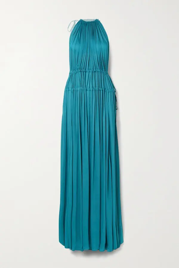 Bondi Born Net Sustain Resplendent Gathered Washed-Satin Maxi Dress In Blue  - 60% Off | Editorialist