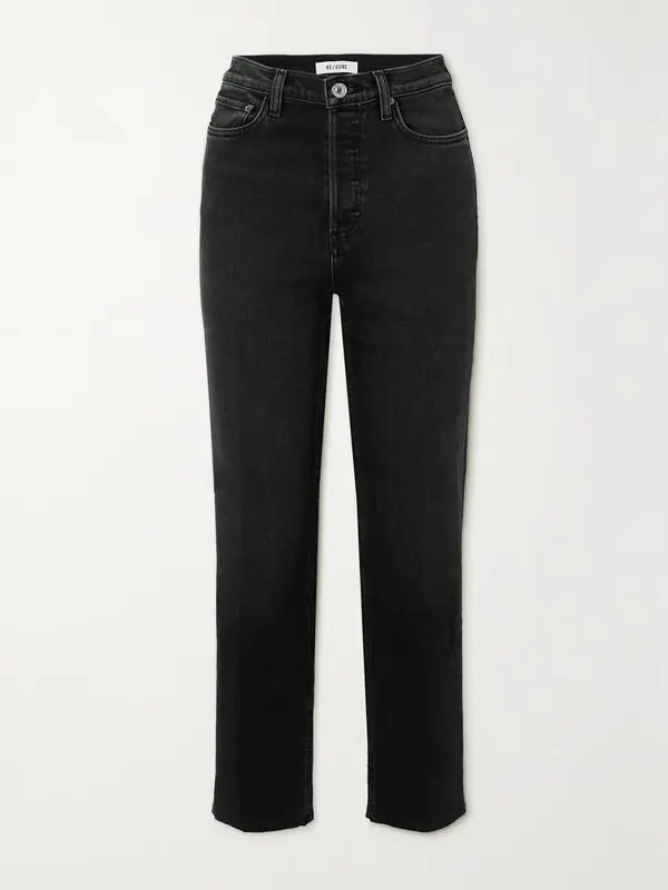 RE/DONE 70s Stove Pipe Cropped Distressed High-rise Straight-leg Jeans - Black