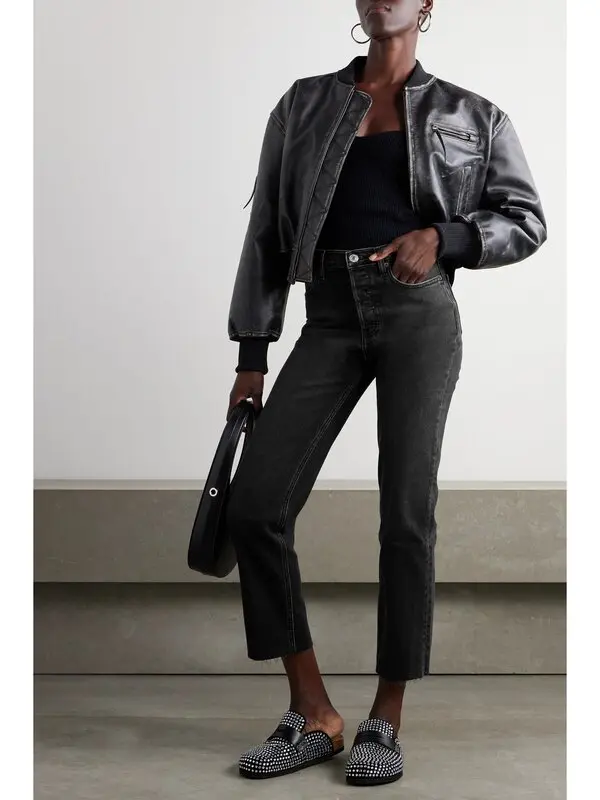 RE/DONE 70s Stove Pipe Cropped Distressed High-rise Straight-leg Jeans - Black