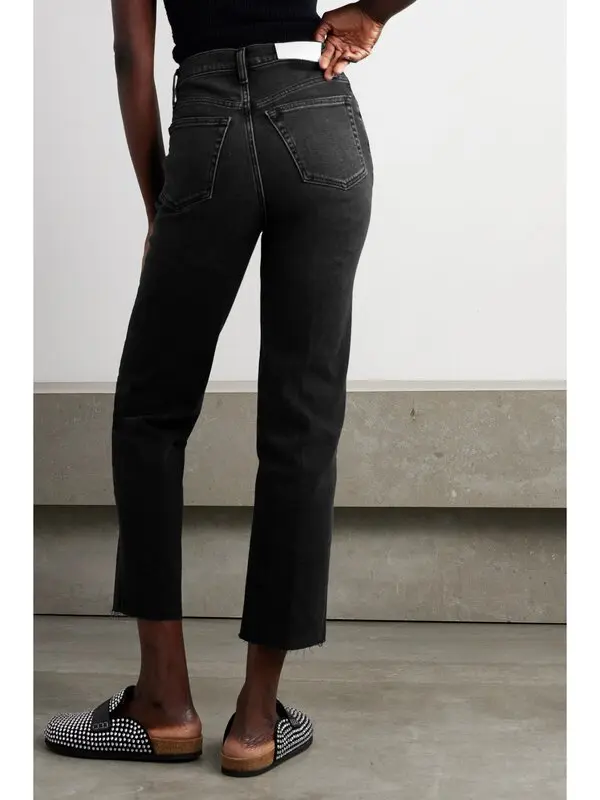 RE/DONE 70s Stove Pipe Cropped Distressed High-rise Straight-leg Jeans - Black
