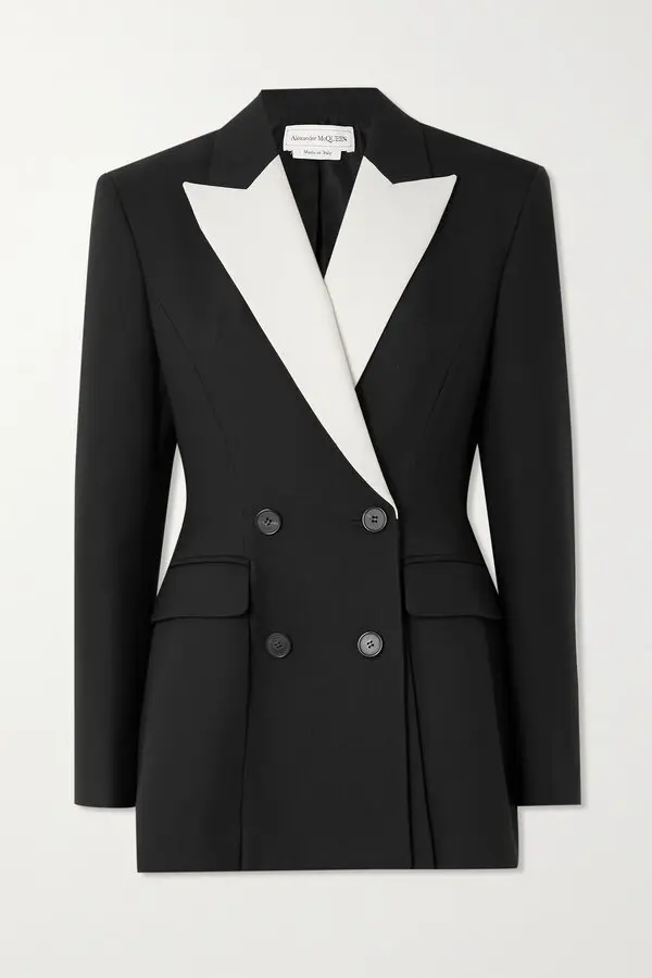 Alexander McQueen Double-breasted Two-tone Grain De Poudre Wool-blend Blazer