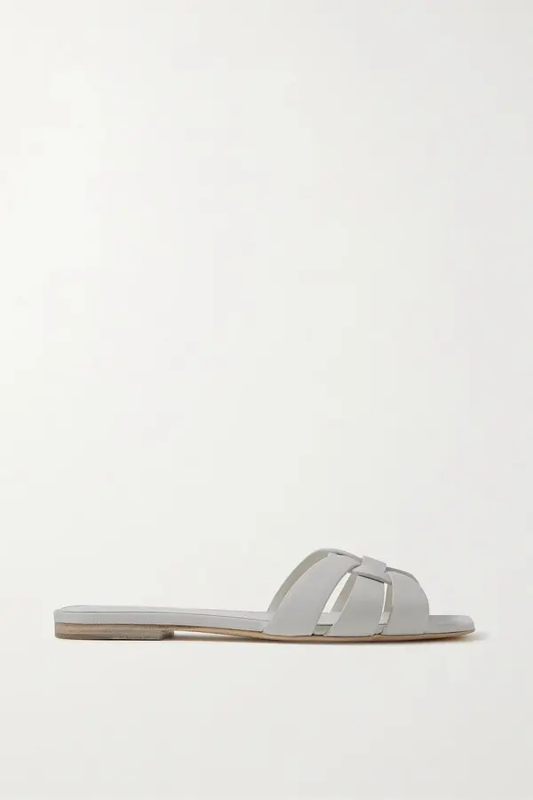 Saint Laurent Tribute Woven Leather Slides Off-White Editorialist