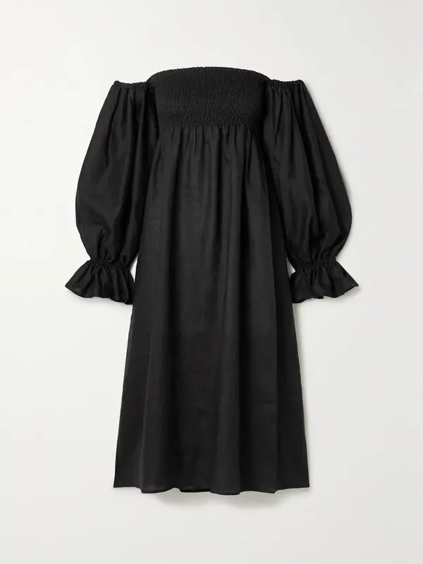 Sleeper Net Sustain Atlanta Off-the-shoulder Shirred Linen Midi Dress - Black