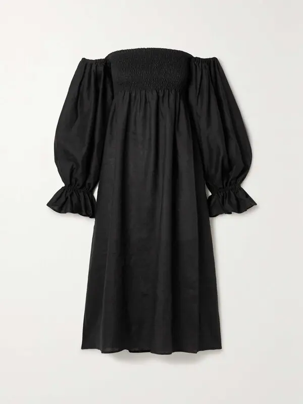 Sleeper Net Sustain Atlanta Off-the-shoulder Shirred Linen Midi Dress - Black