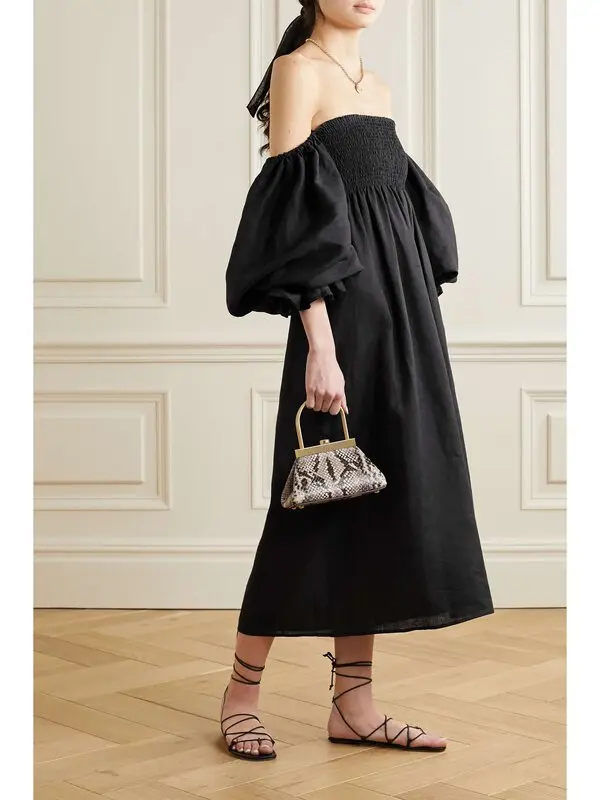 Sleeper Net Sustain Atlanta Off-the-shoulder Shirred Linen Midi Dress - Black