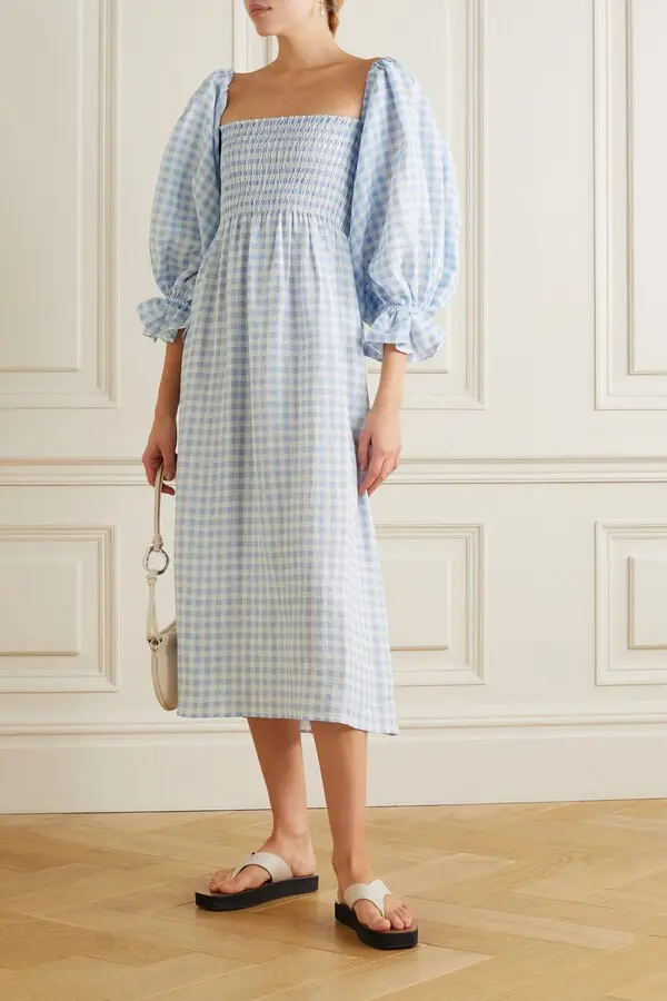 Sleeper Net Sustain Atlanta Off-the-shoulder Shirred Linen Midi Dress