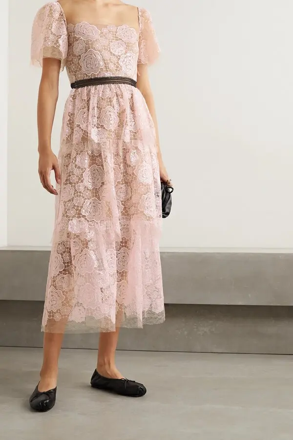 Self-Portrait Crochet-Trimmed Sequin-Embellished Corded Lace Midi Dress In  Pink - 60% Off | Editorialist