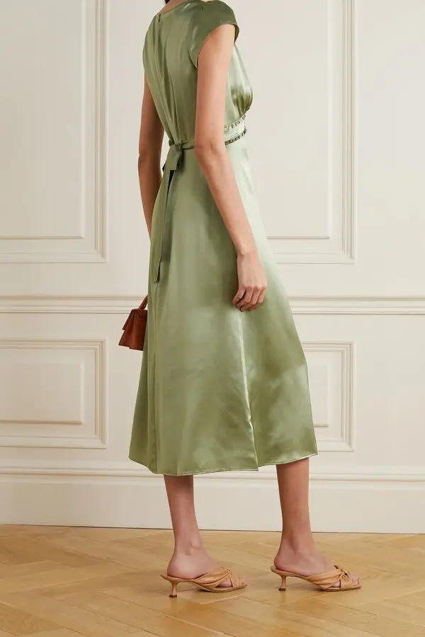 Reformation Kaye Ruffled Silk-Satin Midi Dress In Green - 30% Off |  Editorialist