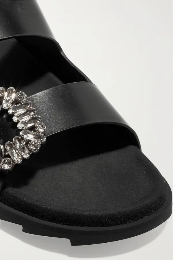 ROGER VIVIER Slidy Viv Crystal-embellished Leather Slides - Black