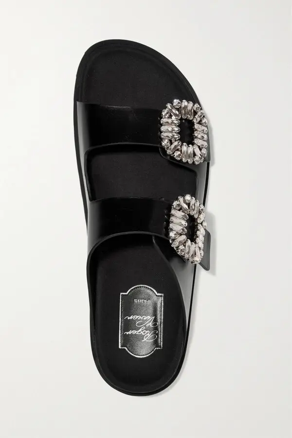 ROGER VIVIER Slidy Viv Crystal-embellished Leather Slides - Black