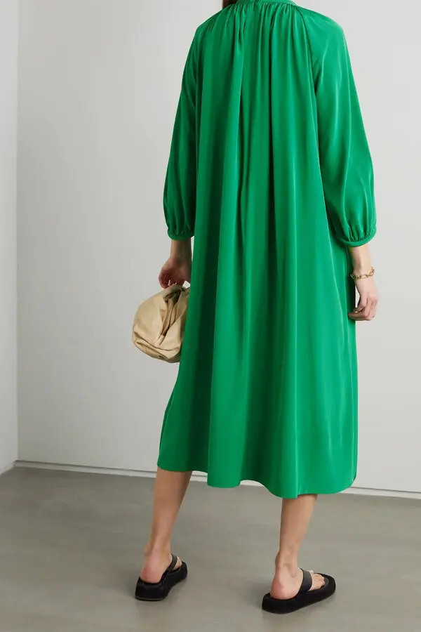 green emerald velvet dress 4 Ply Silk Long Sleeve Cocoon Dress in Green by Tibi – Idlewild main image 1
