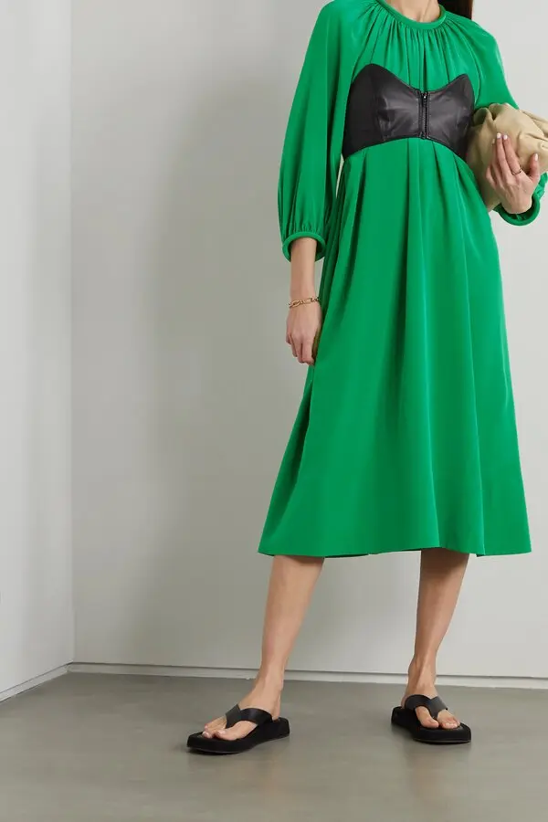 Tibi Gathered Silk Midi Dress In Green - 50% Off | Editorialist