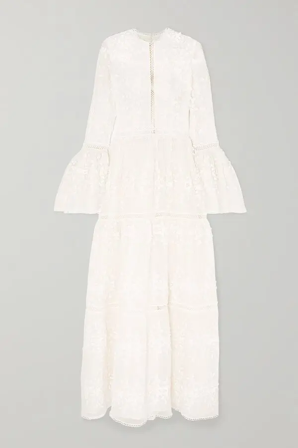 Costarellos Appliquéd Embroidered Tulle Gown
