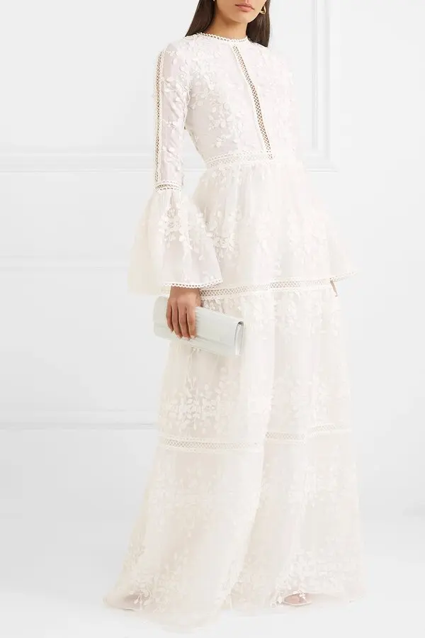 Costarellos Appliquéd Embroidered Tulle Gown