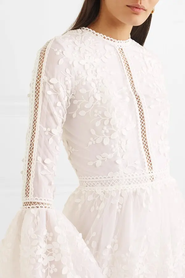 Costarellos Appliquéd Embroidered Tulle Gown
