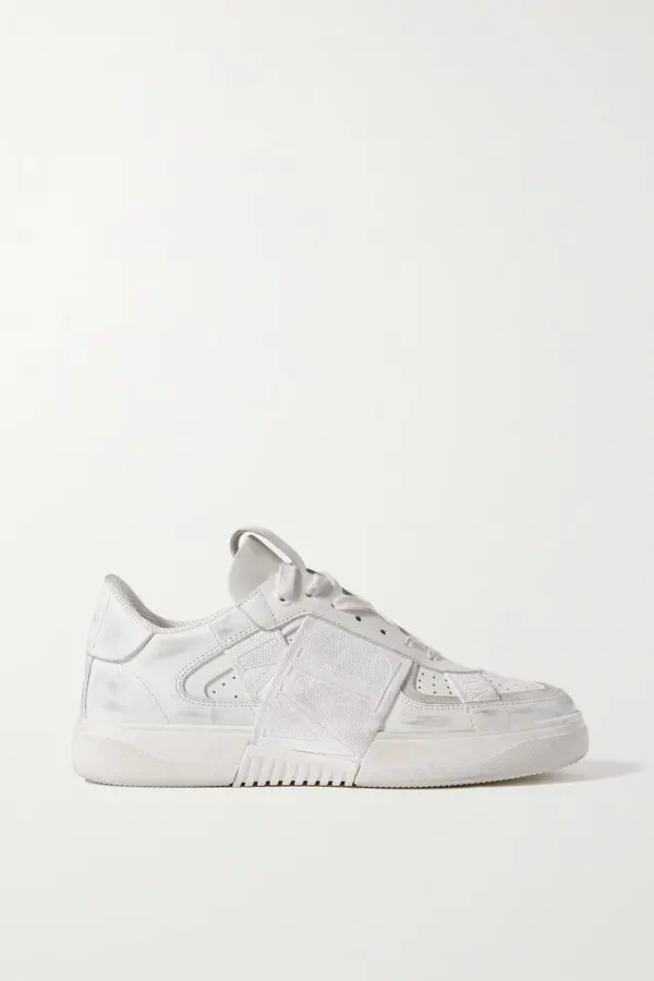 Valentino Garavani Vltn Distressed Leather, Suede And Canvas Sneakers