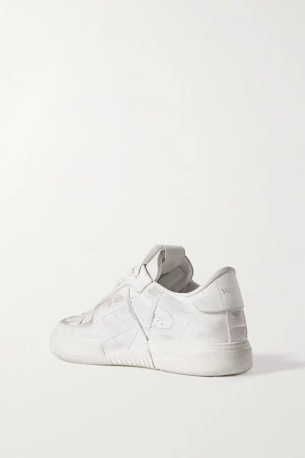 Valentino Garavani Vltn Distressed Leather, Suede And Canvas Sneakers