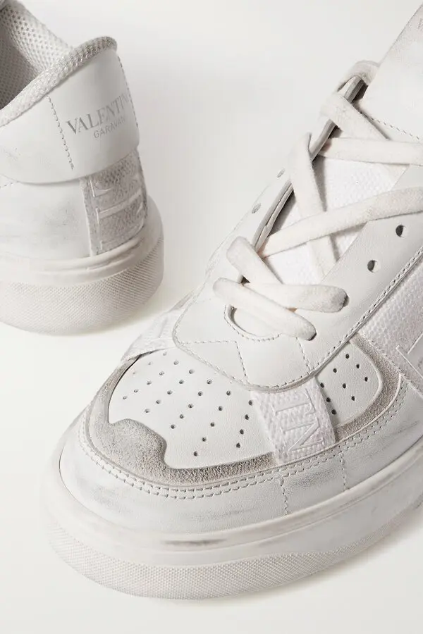 Valentino Garavani Vltn Distressed Leather, Suede And Canvas Sneakers