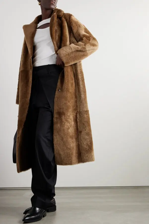 YVES SALOMON Shearling Longline Coat - Brown