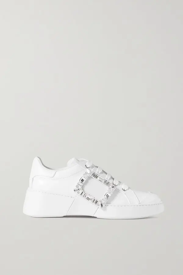 ROGER VIVIER Viv Skate Crystal-embellished Leather Sneakers - White