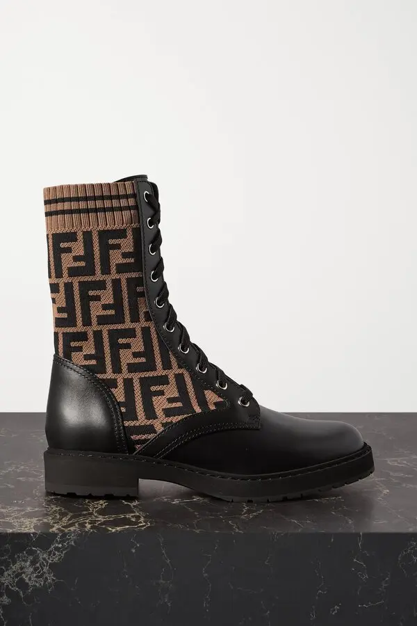 Fendi Rockoko Logo-Jacquard Stretch-Knit And Leather Ankle 