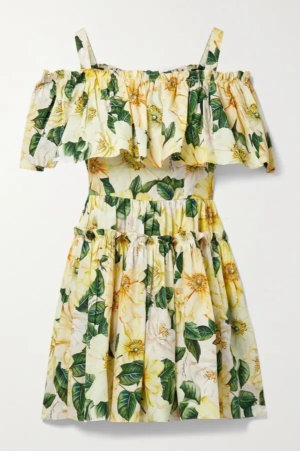 Dolce & Gabbana Cold-Shoulder Ruffled Floral-Print Cotton-Poplin Mini Dress  In Yellow - 50% Off | Editorialist
