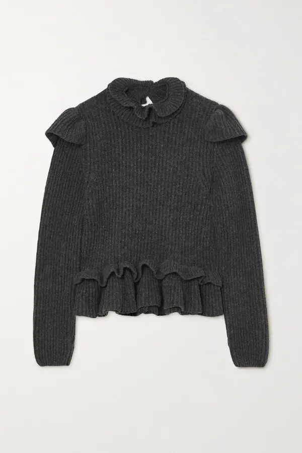 GANNI Open-back Ruffled Ribbed Wool-blend Sweater