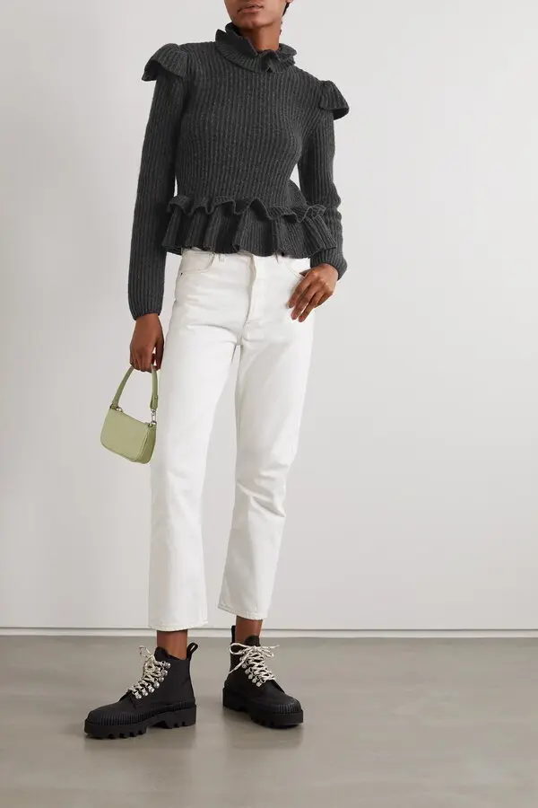 GANNI Open-back Ruffled Ribbed Wool-blend Sweater