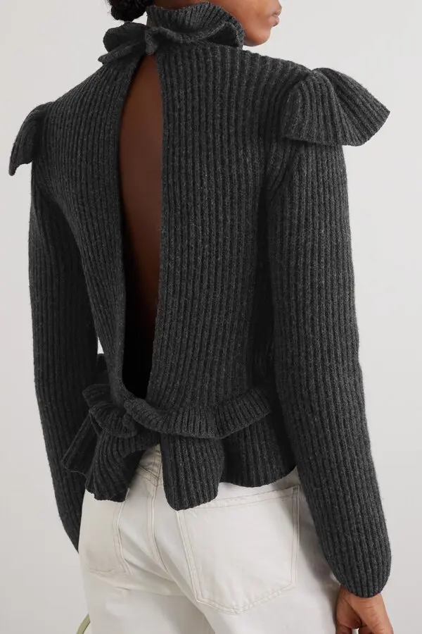 GANNI Open-back Ruffled Ribbed Wool-blend Sweater