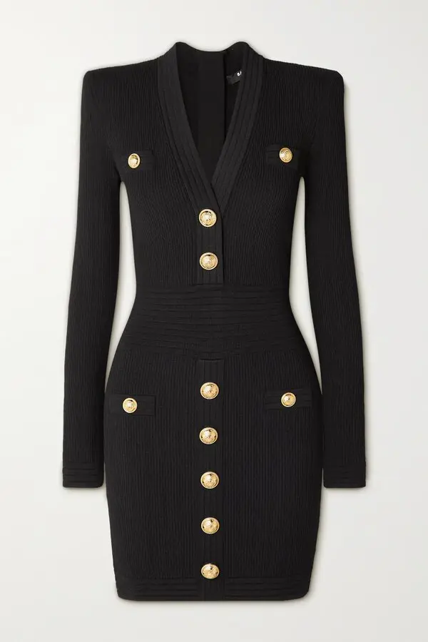 Balmain Button-Embellished Ribbed-Knit Mini Dress In Black - 30% Off |  Editorialist