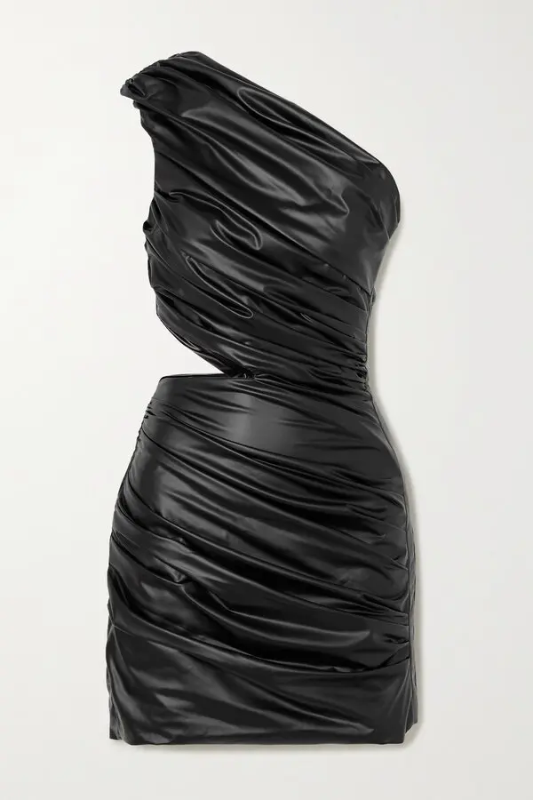 faux leather one shoulder dress Faux Leather One Shoulder Ruched Dress. – Urbanheer main image 0