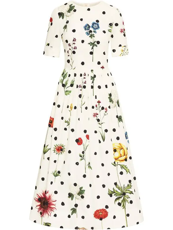 Oscar De La Renta Floral-Print Polka-Dot Midi Dress Neutrals