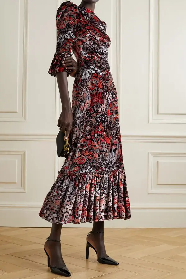 The Vampire'S Wife The Festival Ruffled Floral-Print Velvet Midi Dress In  Black - 60% Off | Editorialist