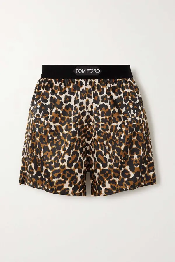 TOM FORD Velvet-trimmed Leopard-print Silk-blend Satin Board/boxer Shorts