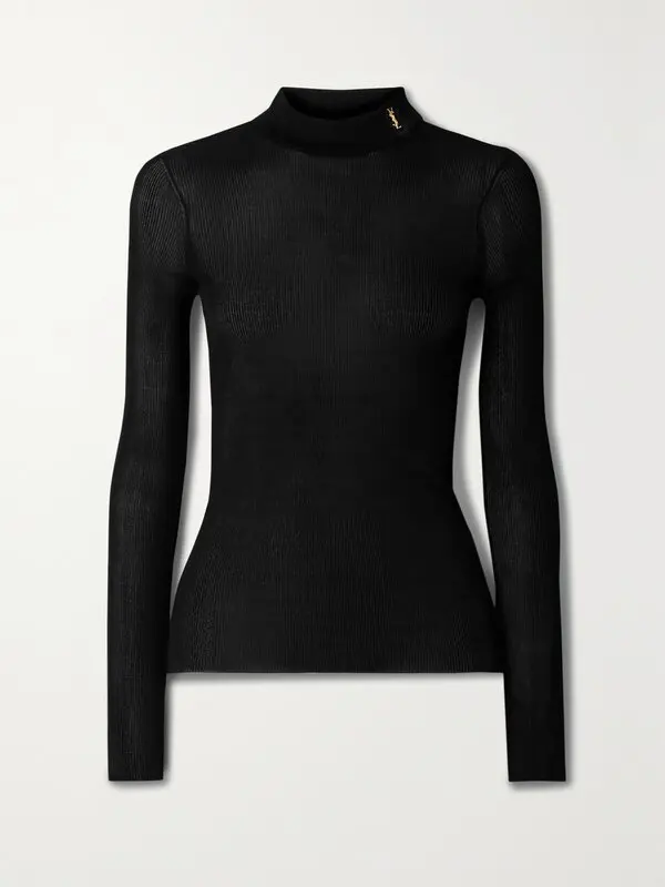 Saint Laurent Ribbed Silk Turtleneck Top - Black