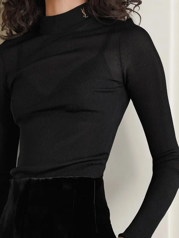 Saint Laurent Ribbed Silk Turtleneck Top - Black