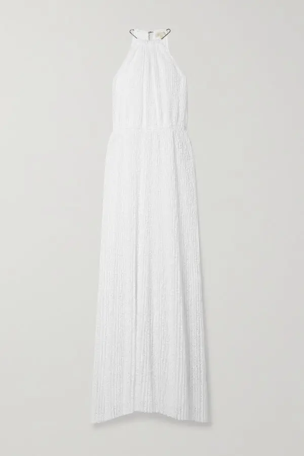 Michael Kors Chain-Embellished Pleated Lace Maxi Dress In White