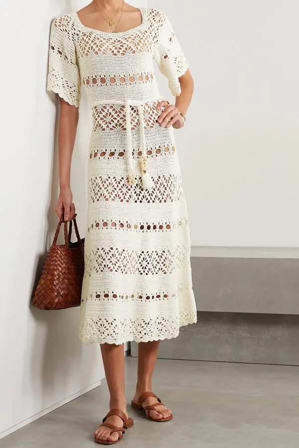 Zimmermann Cassia Belted Embellished Crocheted Linen Midi Dress In Ivory -  40% Off | Editorialist
